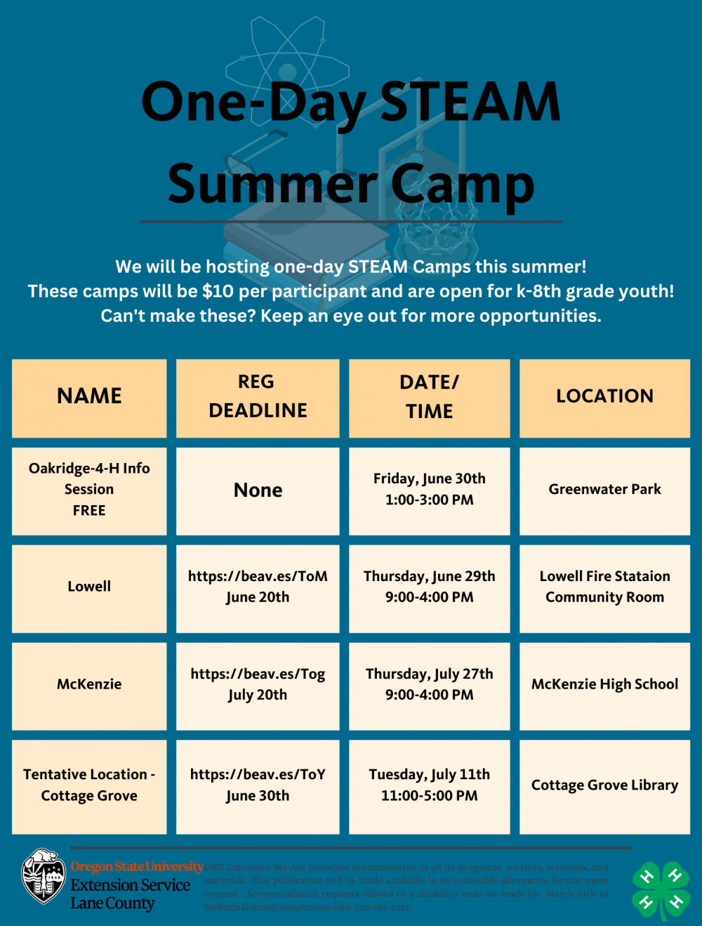Lane County Extension Service ONE DAY STEAM Summer Camp | Lowell Oregon